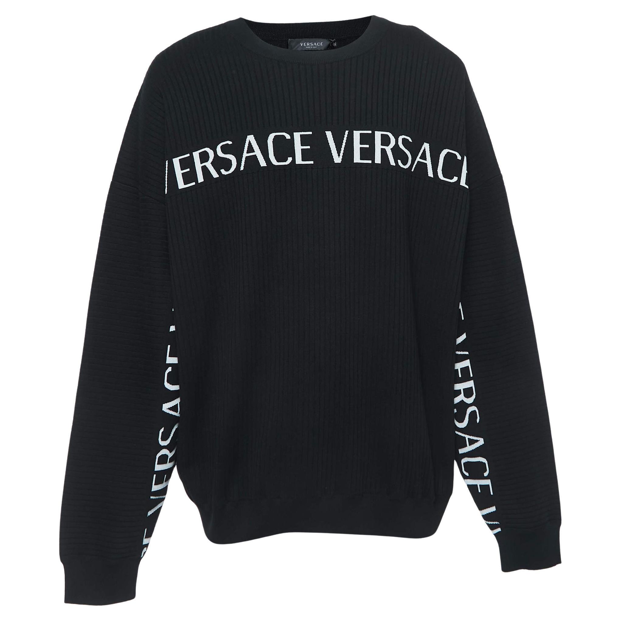 Versace Black Ribbed Knit Logo Sweater 4XL For Sale at 1stDibs