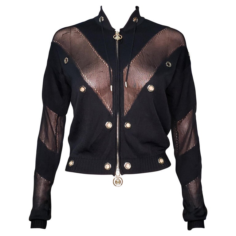 VERSACE BLACK STRETCHY GOLD-TONE MEDUSA HARDWARE ZIP-UP Jacket 42 - 6 ...