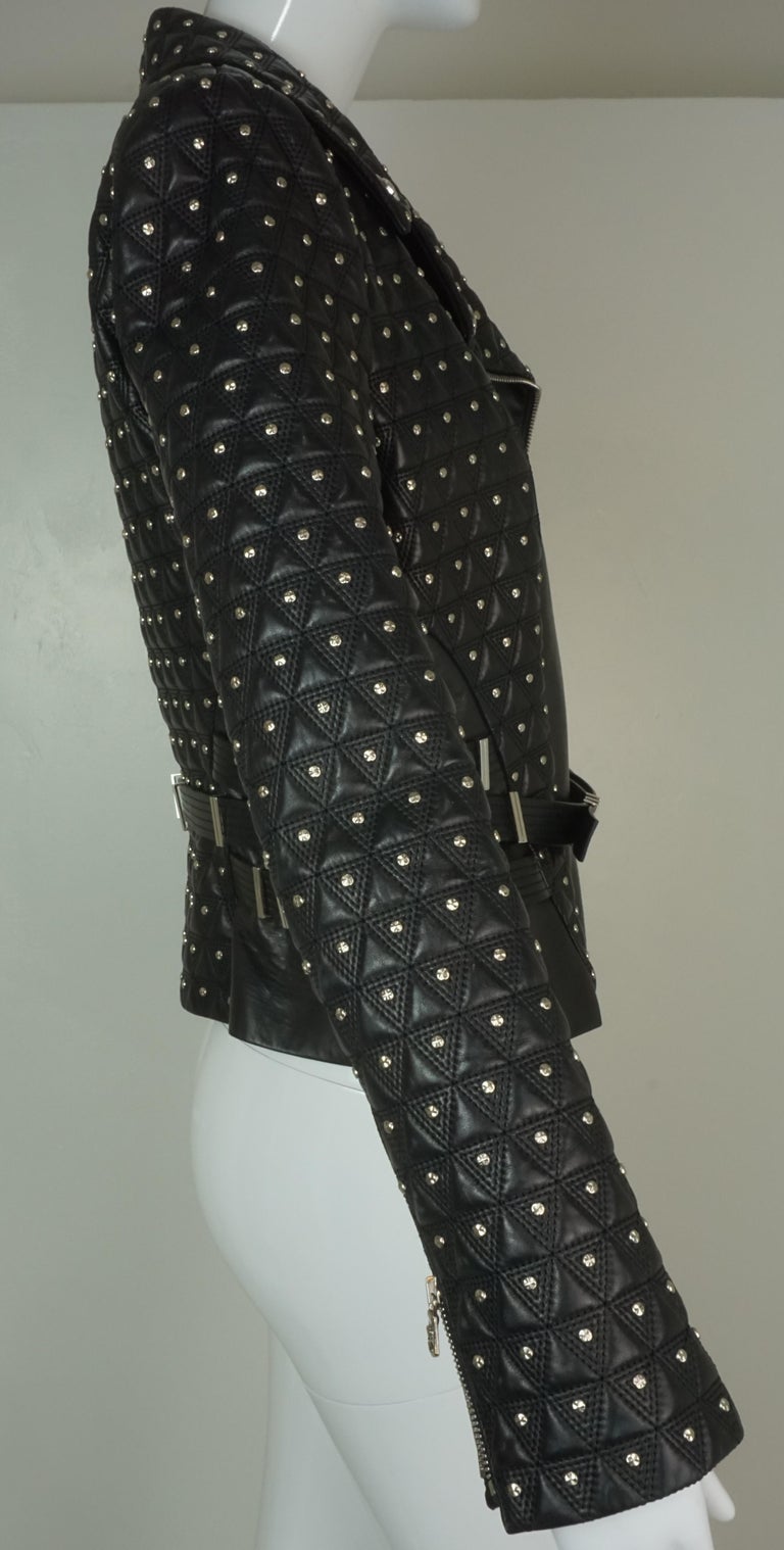 Versace Black Studded Leather Biker Jacket w/ Belt and Medusa Buttons ...