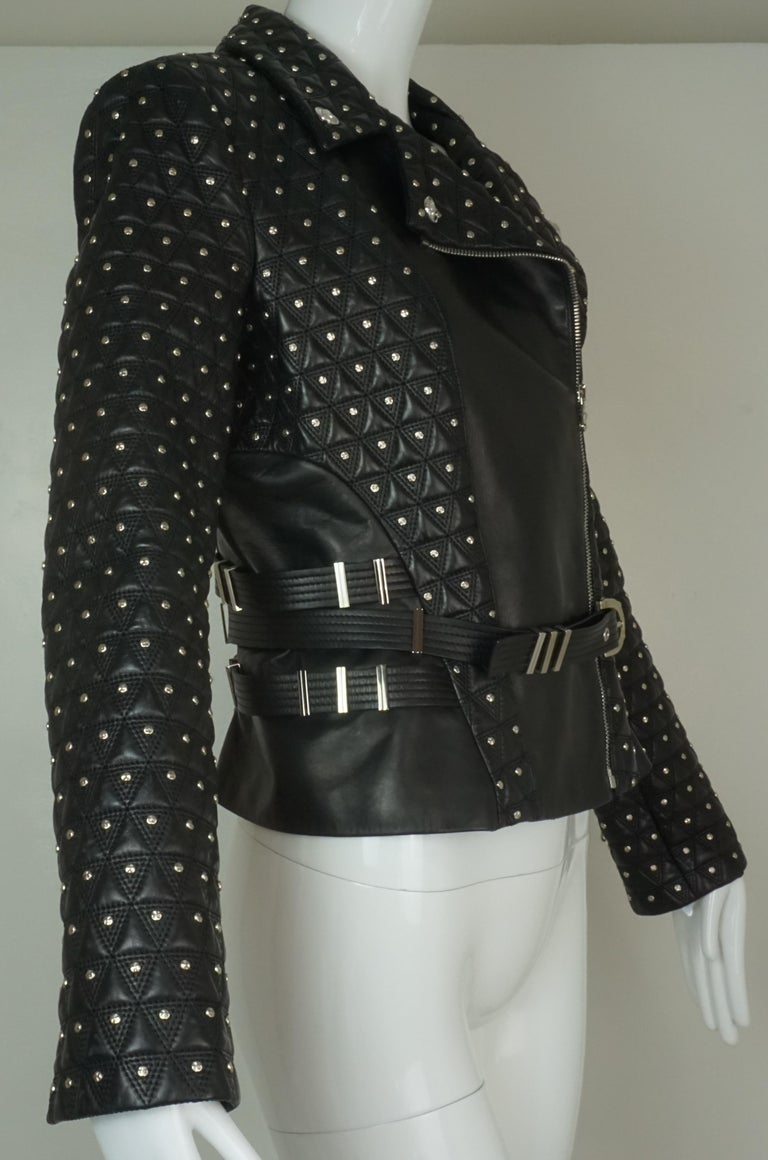 Versace Black Studded Leather Biker Jacket w/ Belt and Medusa Buttons ...
