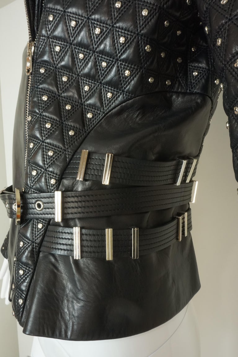 Versace Black Studded Leather Biker Jacket w/ Belt and Medusa Buttons ...