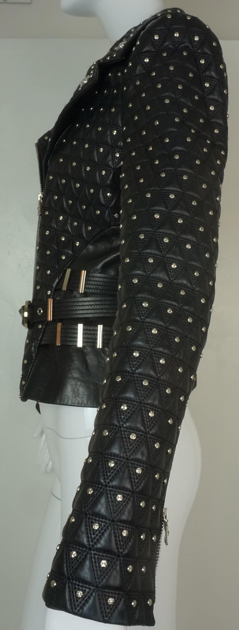 Versace Black Studded Leather Biker Jacket w/ Belt and Medusa Buttons ...