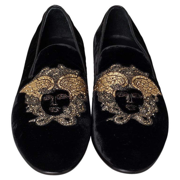 Versace Black Velvet Embroidered Medusa Smoking Slippers Size 43 at 1stDibs
