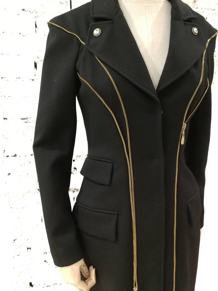 Versace Black wool Gold tone Zip Coat For Sale at 1stDibs
