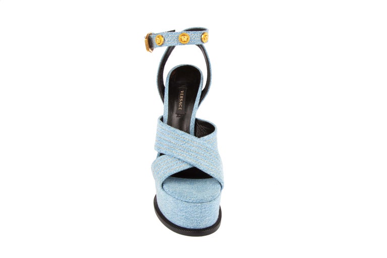 Versace Blue Denim High Heel Platform Sandal With Gold Tone Hardware ...