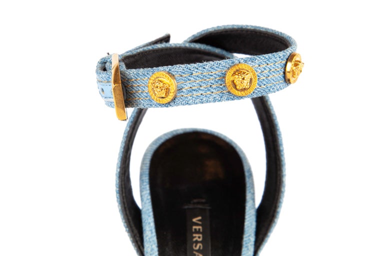 Versace Blue Denim High Heel Platform Sandal With Gold Tone Hardware ...