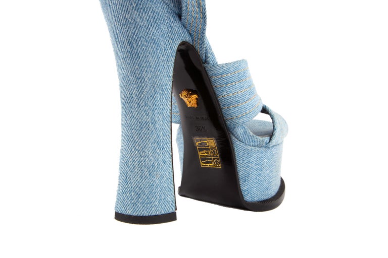 Versace Blue Denim High Heel Platform Sandal With Gold Tone Hardware ...