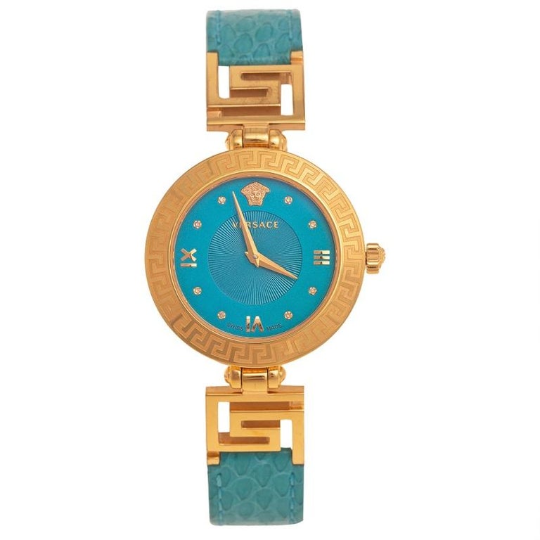 Versace Blue Gold Plated Leather V-Signature VLA Women's Wristwatch 35 ...