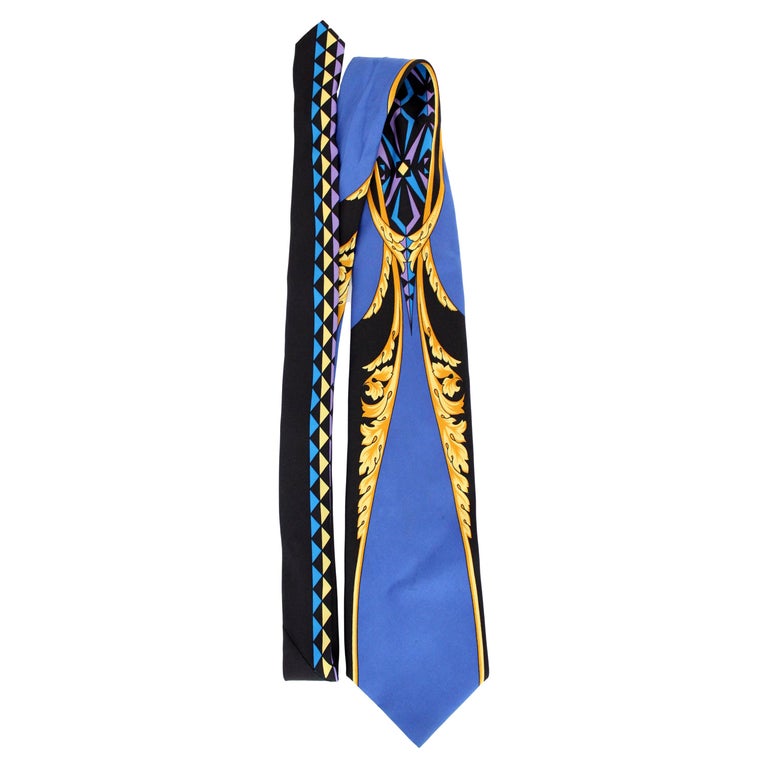 Versace Blue Gold Silk Baroque Tie 1990s at 1stDibs