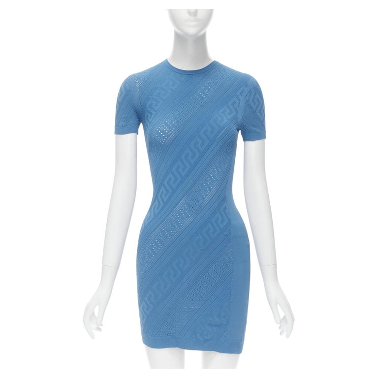 VERSACE blue Greca jacquard knit bodycon mini dress IT38 at 1stDibs