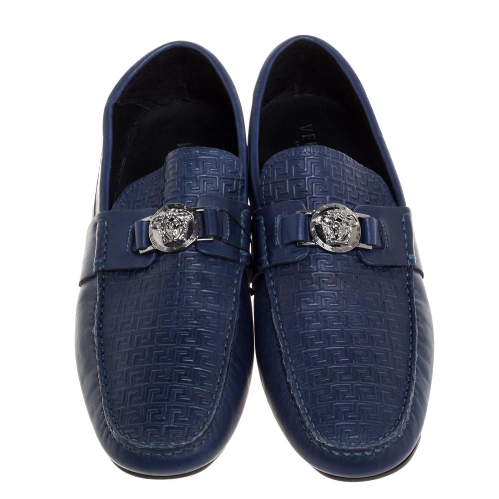 Versace Blue Logo Embossed Leather Medusa Loafers Size 45 at 1stDibs