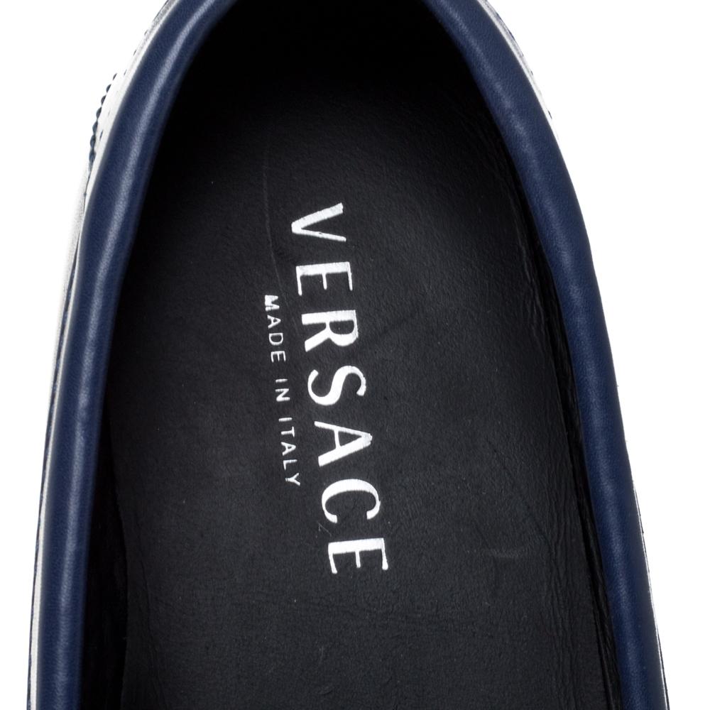 Versace Blue Logo Embossed Leather Medusa Loafers Size 45 at 1stDibs