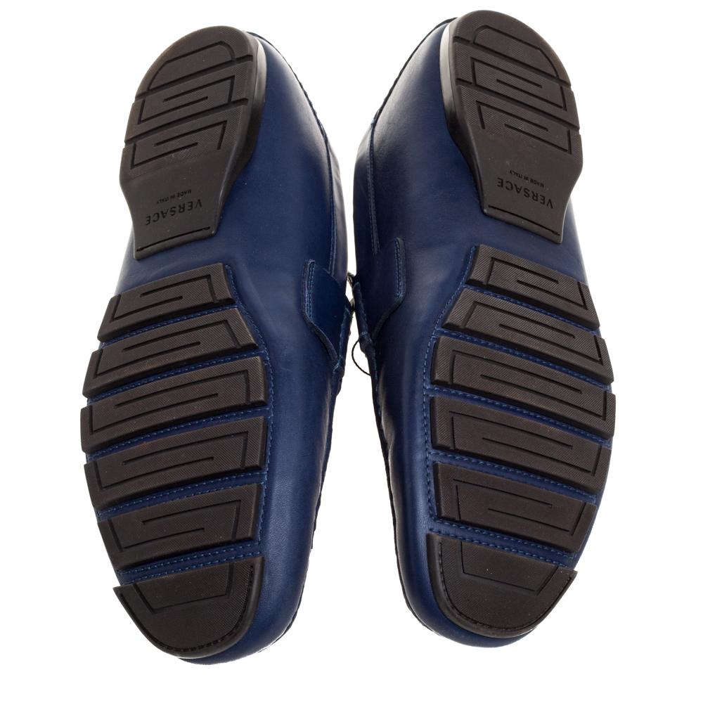 Versace Blue Logo Embossed Leather Medusa Loafers Size 45 at 1stDibs