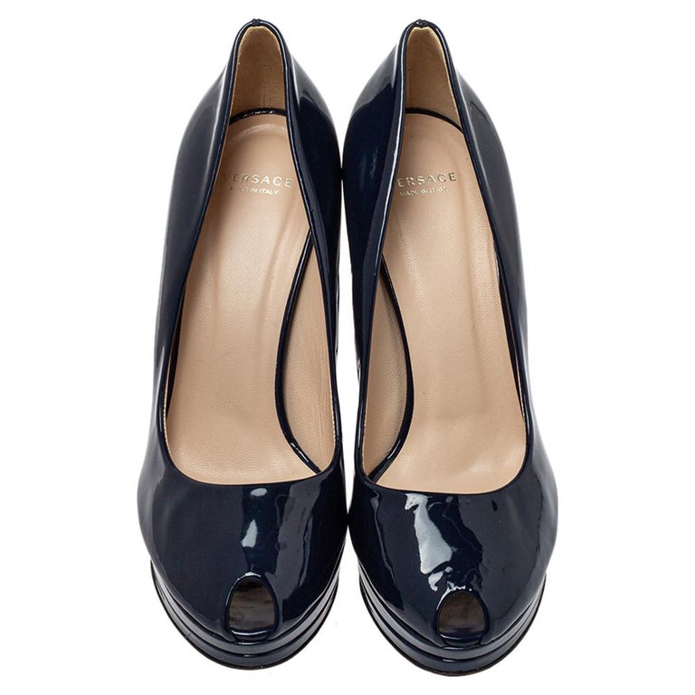 Versace Blue Patent Leather Peep Toe Platform Pumps Size 37 For Sale at ...