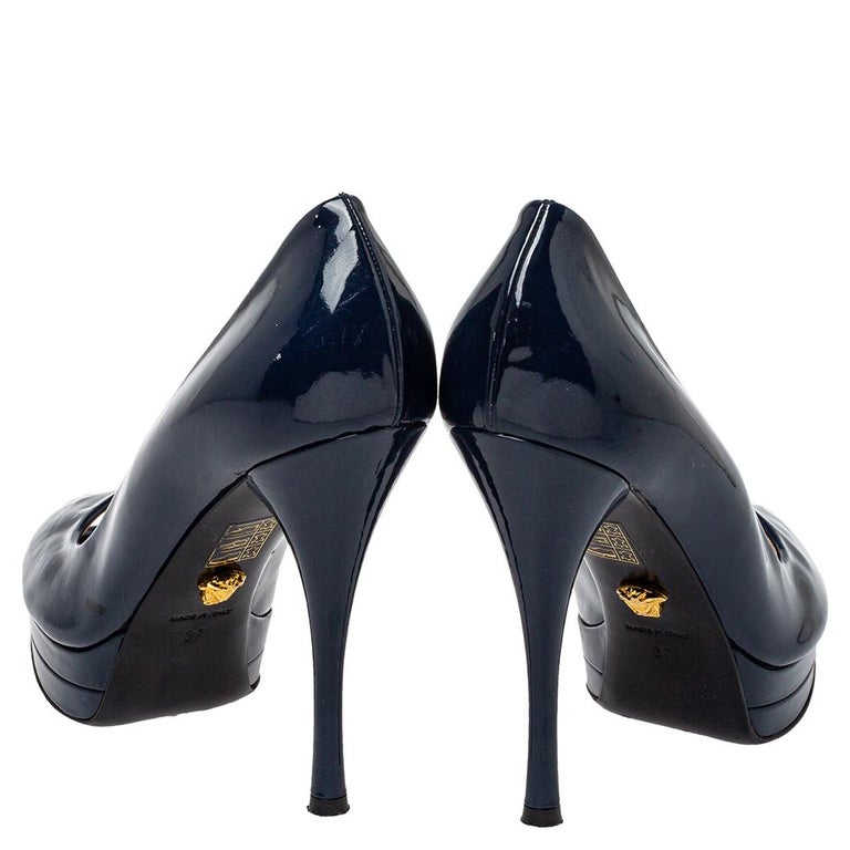 Versace Blue Patent Leather Peep Toe Platform Pumps Size 37 For Sale at ...