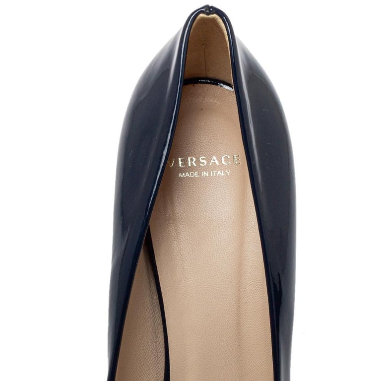 Versace Blue Patent Leather Peep Toe Platform Pumps Size 37 For Sale at ...