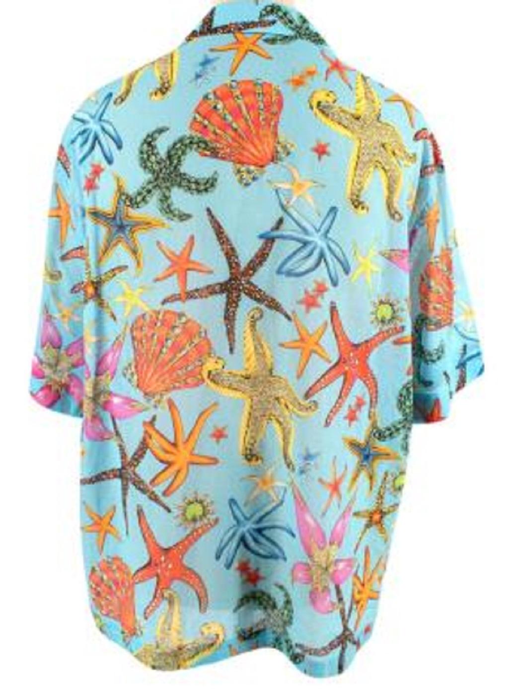 Versace Blue Starfish Printed Short Sleeved Cotton Shirt For Sale at ...