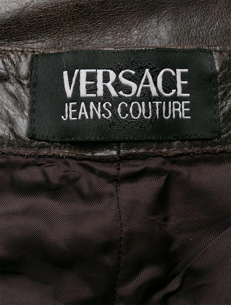 Versace Brown Slim Leather Trousers For Sale at 1stDibs