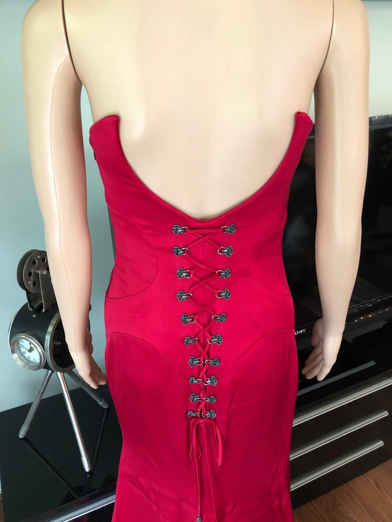 Versace Bustier Corset Satin Red Evening Dress Gown For Sale at 1stDibs ...