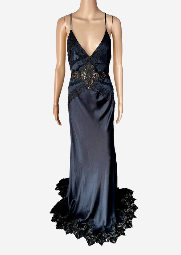 Versace c.2006 Plunging Neckline Sheer Lace Panels Backless Evening ...