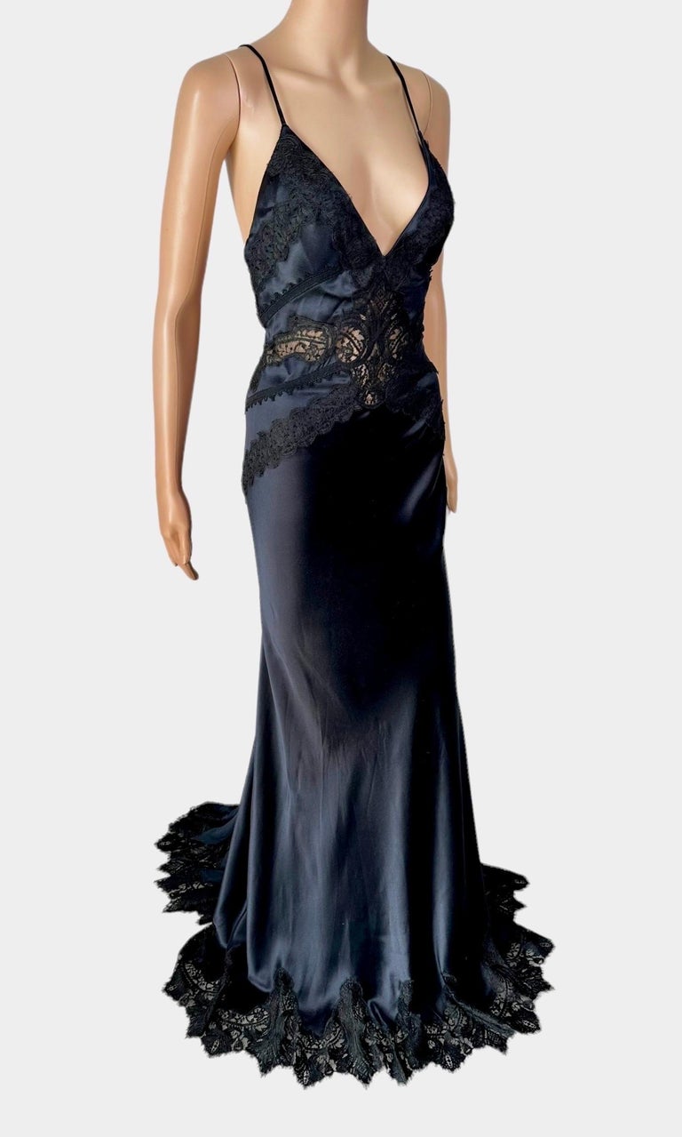 Versace c.2006 Plunging Neckline Sheer Lace Panels Backless Evening ...