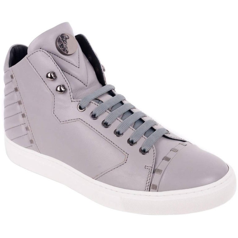 Versace Collection Men Grey Metal Rivet Leather High Top Sneakers For ...