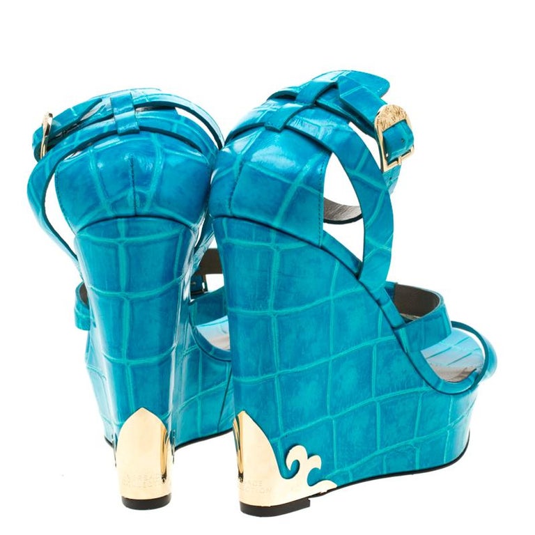 Versace Collection Turquoise Croc Embossed Leather Ankle Strap Wedge ...