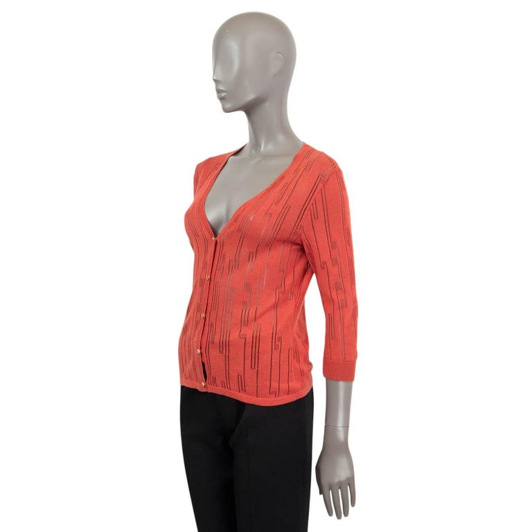 VERSACE coral red viscose and cotton POINTELLE BUTTON FRONT Cardigan ...