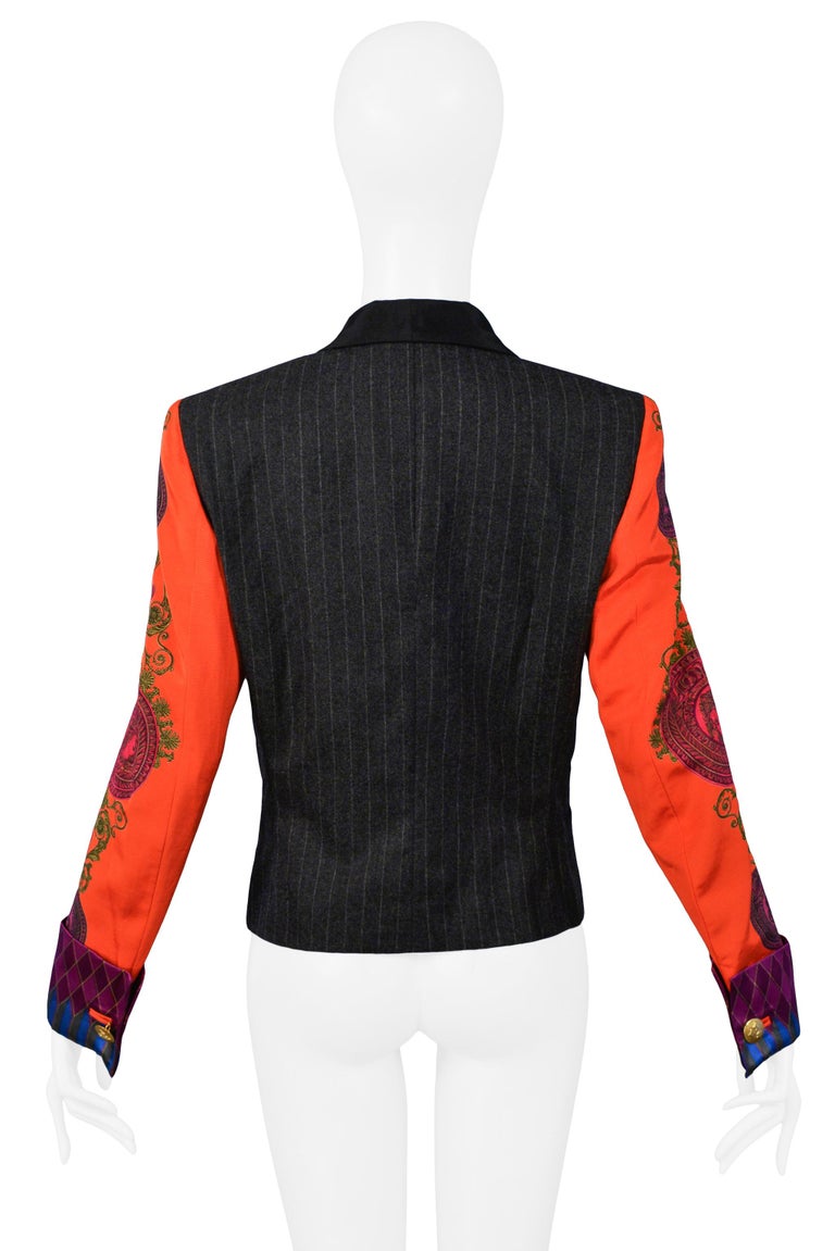 Versace Couture Pinstripe Blazer With Red Printed Sleeves 1990 For Sale ...