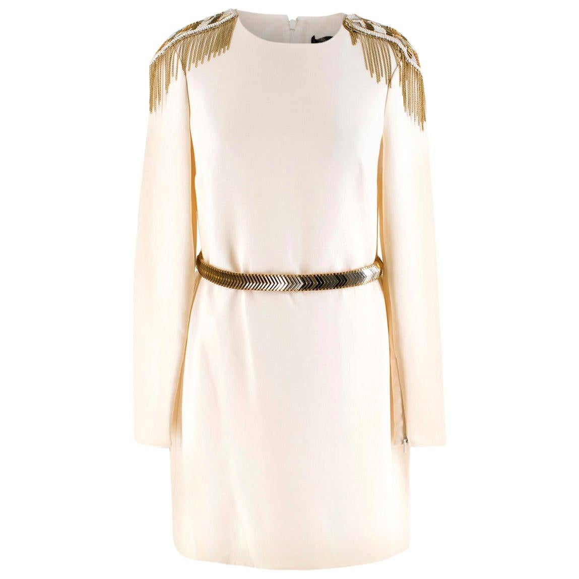 Versace Cream Mini Dress with Crystal Embellished Shoulders and Belt ...