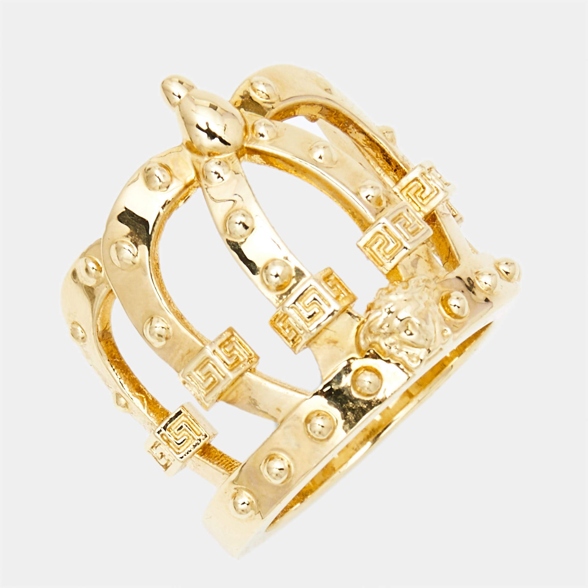 Versace Crown Medusa Gold Tone Ring Size 52 For Sale at 1stDibs