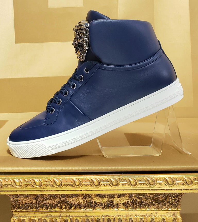 VERSACE DARK BLUE LEATHER PALAZZO HIGH-TOP Sneakers at 1stDibs | blue ...