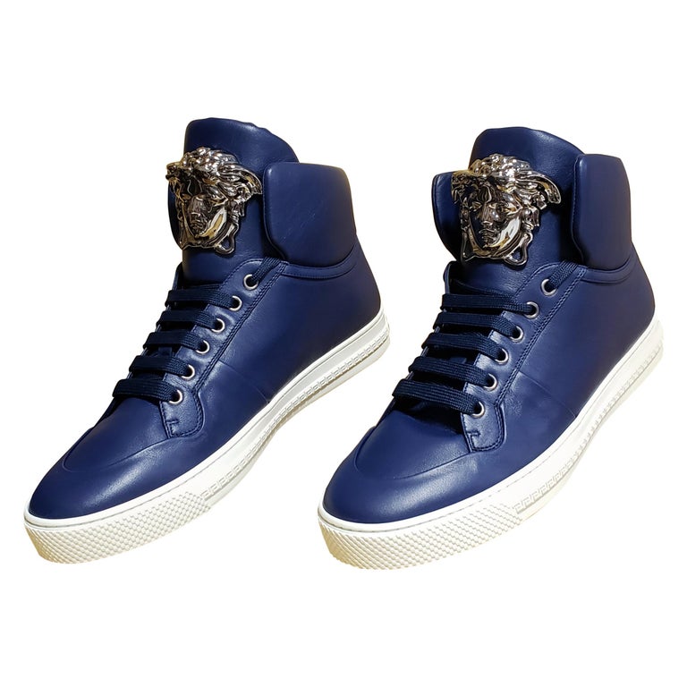 VERSACE DARK BLUE LEATHER PALAZZO HIGH-TOP Sneakers at 1stDibs | blue ...