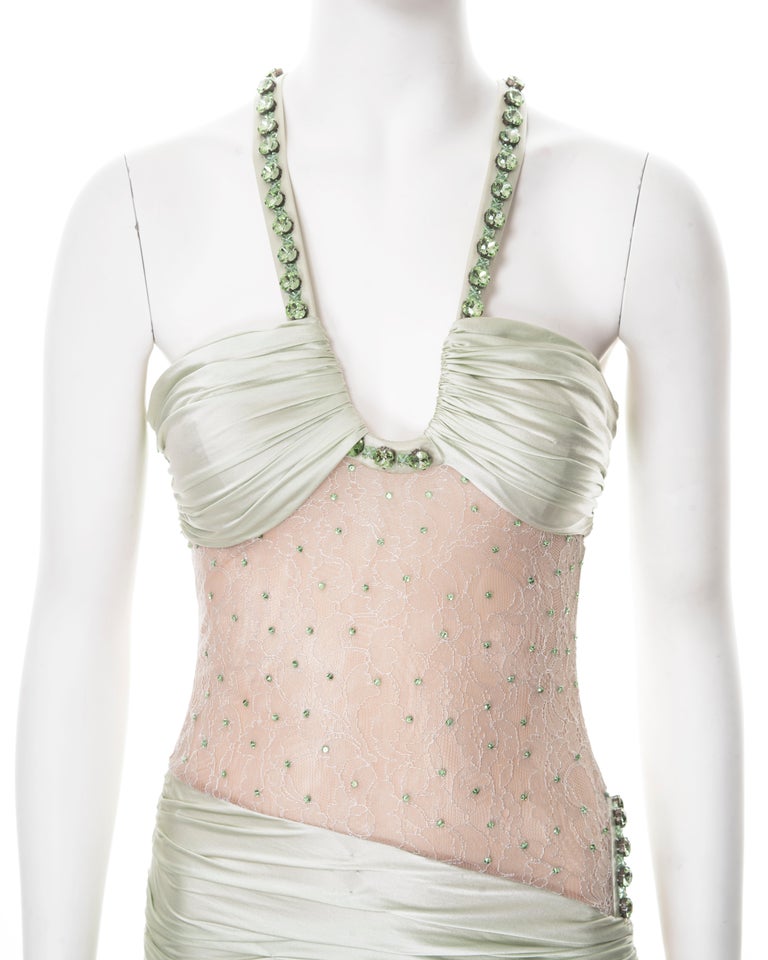 Versace demi-couture green silk and lace evening dress with crystals ...