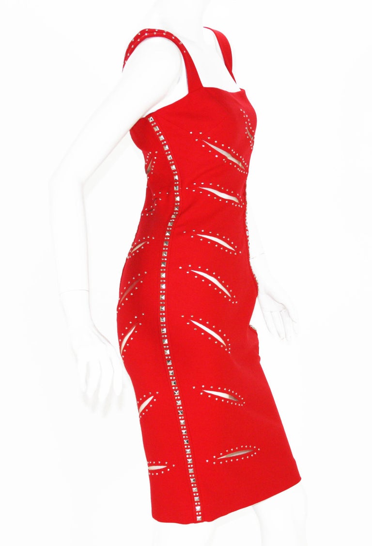 Versace F/W 2004 Runway Red Sheer Mesh Cut Out Studded Cocktail Dress ...