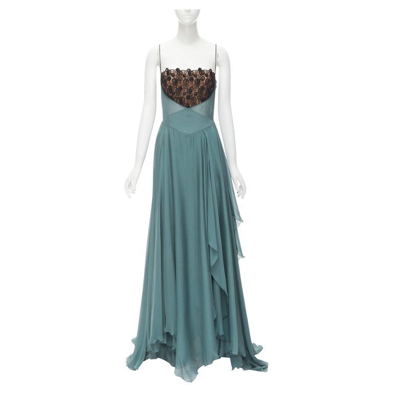 VERSACE french lace bust teal blue silk spaghetti strap full gown dress ...