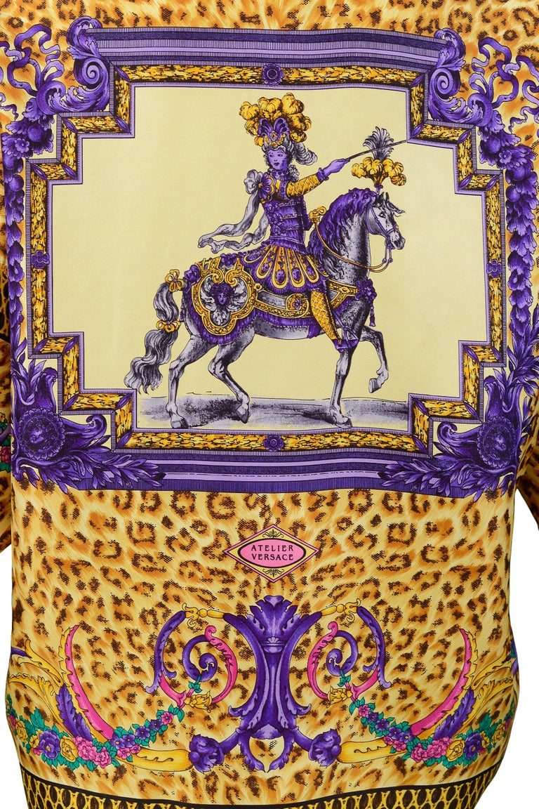 Versace Gold Baroque and Leopard Print Silk Blouse With Equestrian ...