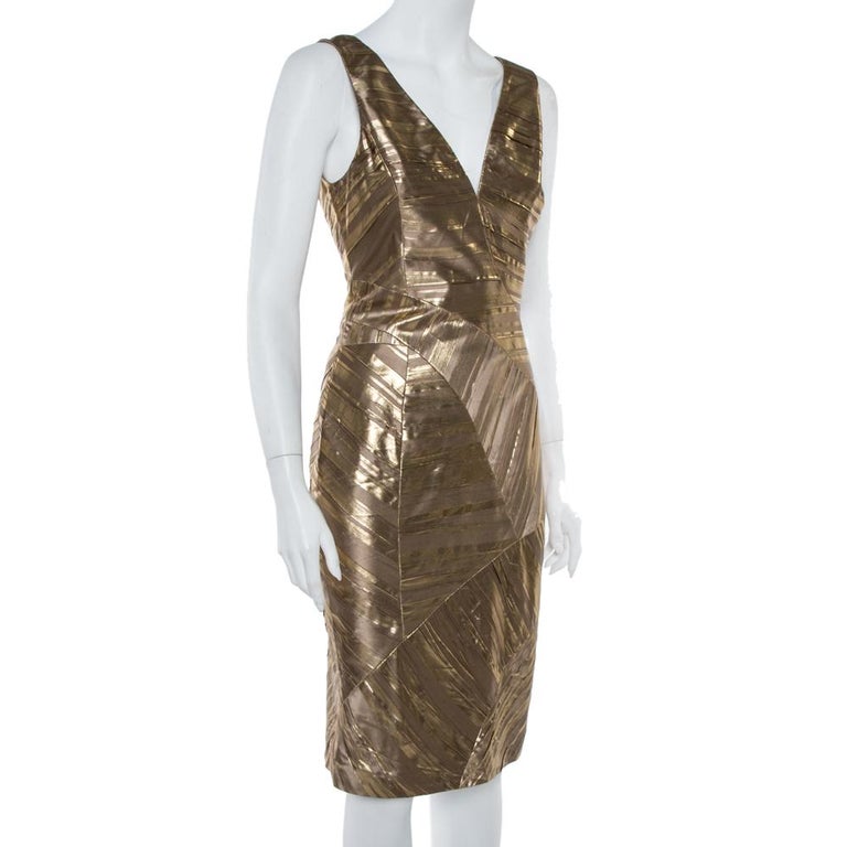 Versace Gold Foil Print Silk Sleeveless Sheath Dress M For Sale at 1stDibs