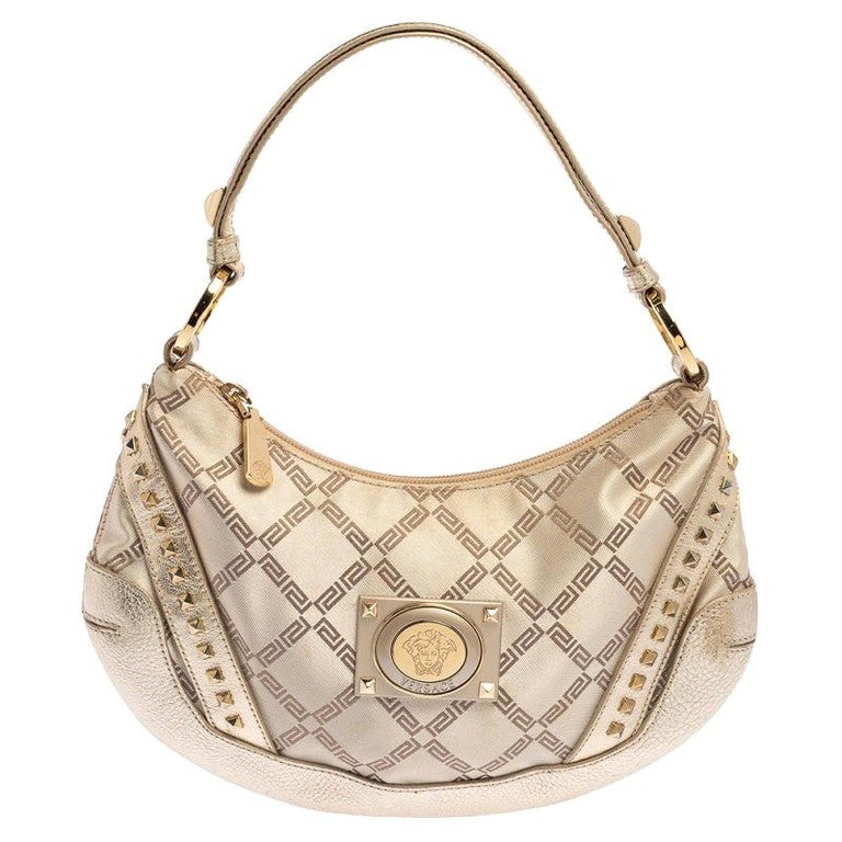 Versace Gold Monogram Canvas and Leather Studded Hobo at 1stDibs