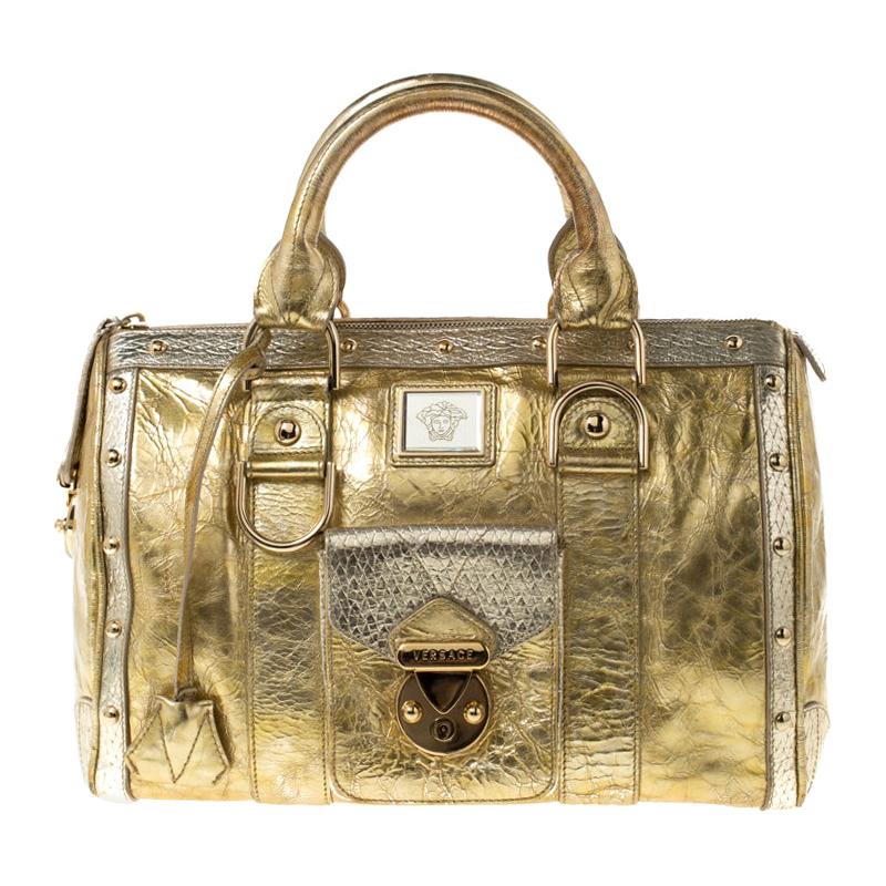 Versace Gold/Silver Ceramic Effect Leather Snap Out Of It Satchel For ...