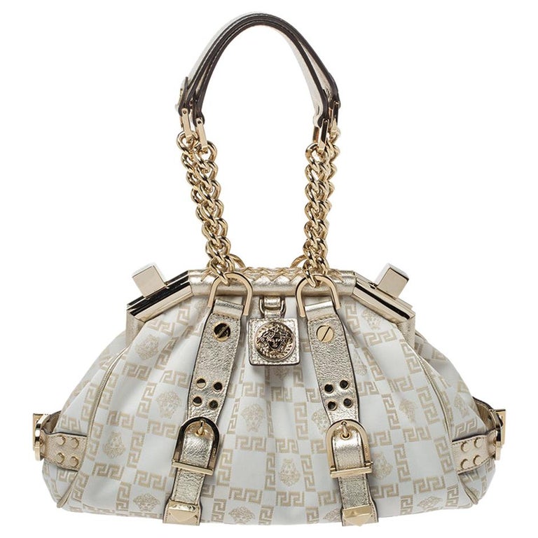 Versace Gold/White Signature Fabric and Leather Frame Satchel at 1stDibs