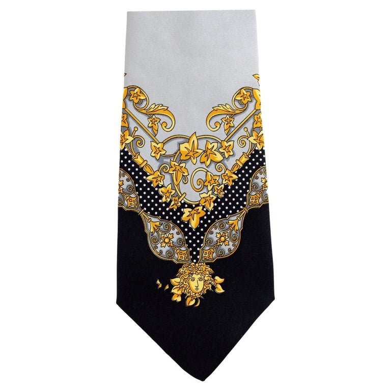 Versace Gray Gold Silk Medusa Vintage Baroque Tie at 1stDibs