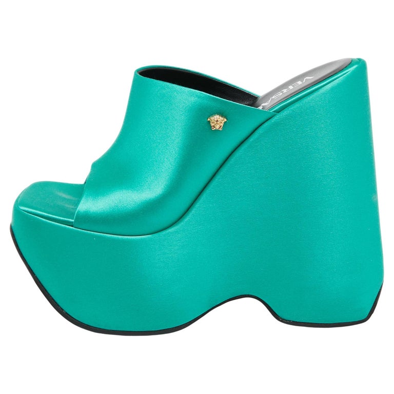 Versace Green Satin Triplatform Wedge Mules Size 38.5 For Sale at 1stDibs