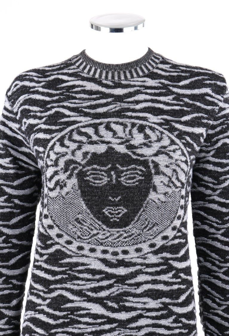 VERSACE Jeans Couture Black White Zebra Print Medusa Face Wool Crew ...