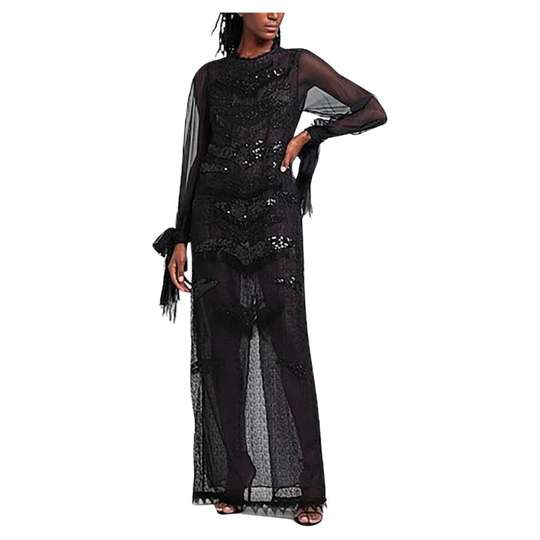 VERSACE LACE/CHIFFON BLACK LONG DRESS EMBELLISHED w/BEADS and SEQUINS ...