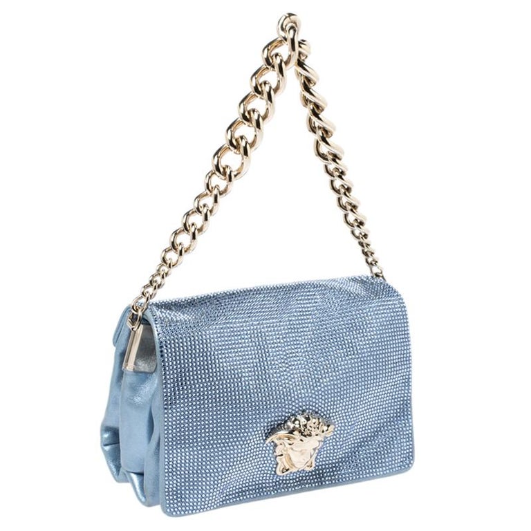 Versace Light Blue Crystal Embellished Shimmer Leather Sultan Shoulder ...