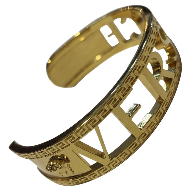 Versace Men's Logo/Greek Key Cuff Bracelet For Sale at 1stDibs
