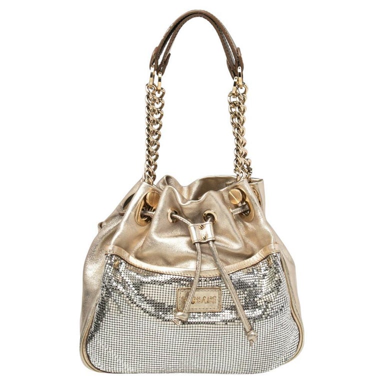 Versace Metallic Gold/Silver Chain Link and Leather Drawstring Bucket ...