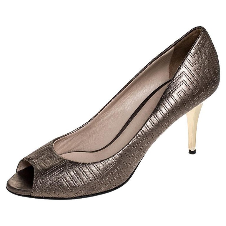 Versace Metallic Grey Embroidered Leather Peep Toe Platform Pumps Size ...