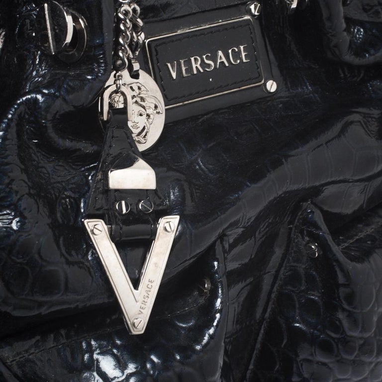 Versace Midnight Blue Croc Patent Leather Chain Tote at 1stDibs
